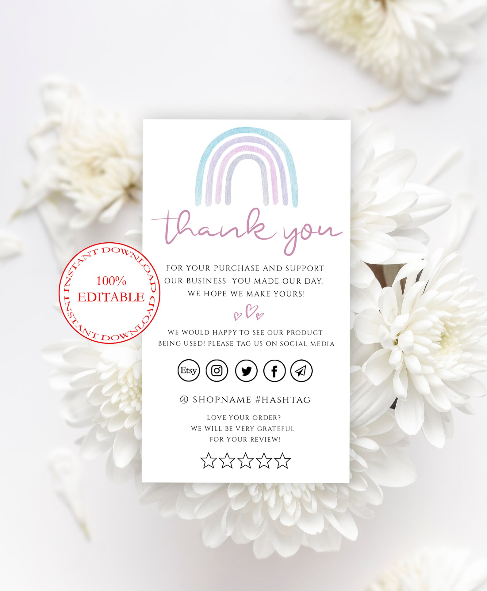 Rainbow Thank You Card Template Editable Seller Thank You - Etsy