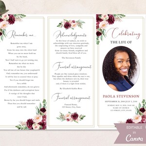 Trifold Funeral Program Template for Woman, Editable Loss of Mother ...