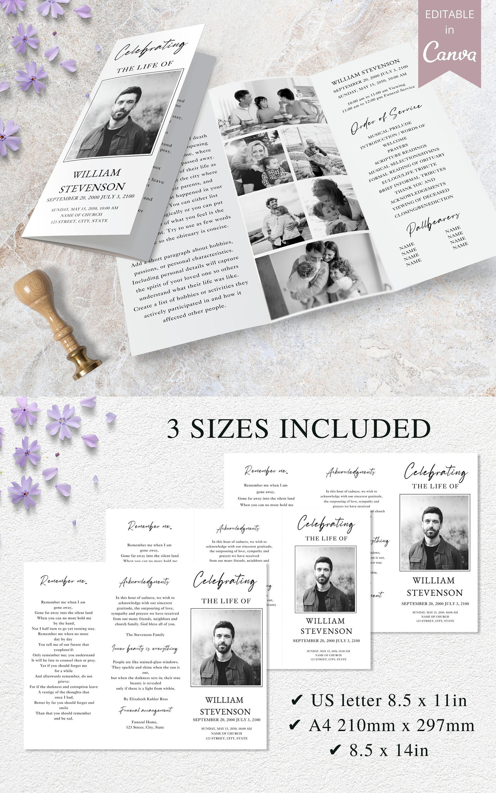 Modern Funeral Program Printable Canva Template Blue and - Etsy