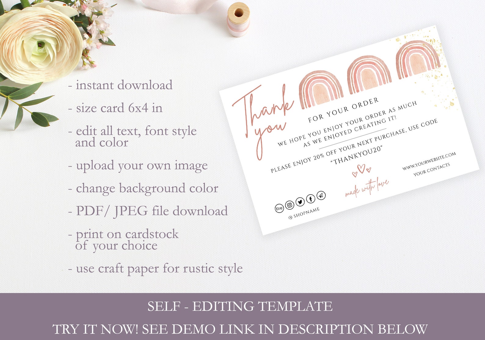 Thank You Insert Card Template Editable Rainbow Small - Etsy