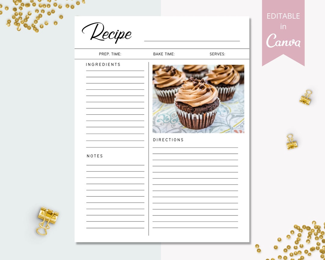 Recipe Template, Editable Recipe Page, 8.5x11 Custom Recipe Cards ...