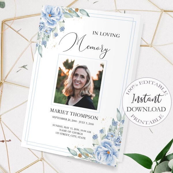 Blue Funeral Program Word Template - Etsy