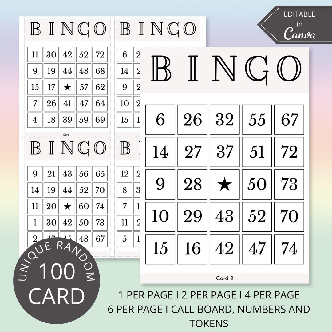 100 Printable Bingo Cards | 1, 2, 4 and 6 per Page, Custom Bingo Card ...