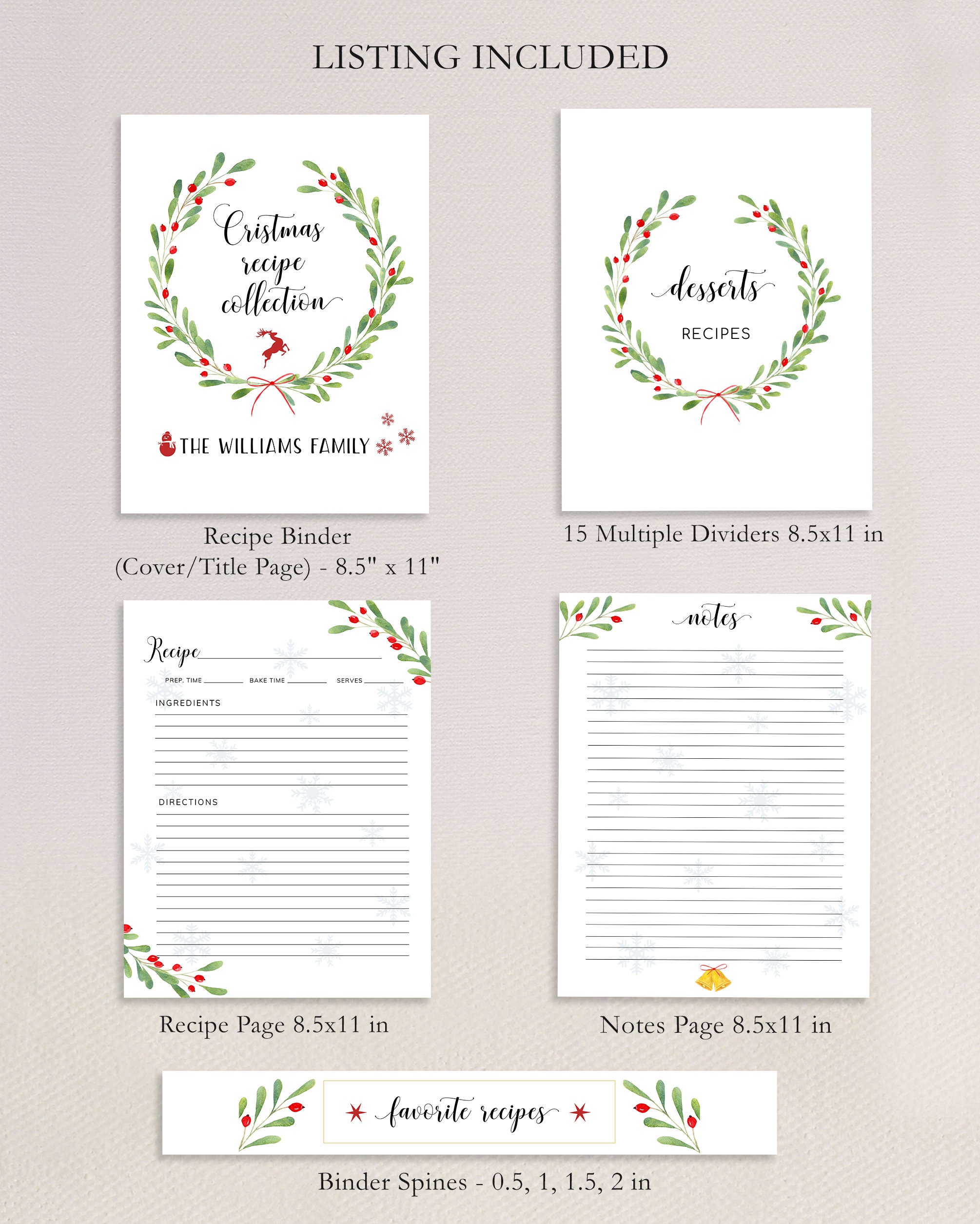 Christmas Recipe Book Printable Family Recipe Book Xmas | Etsy