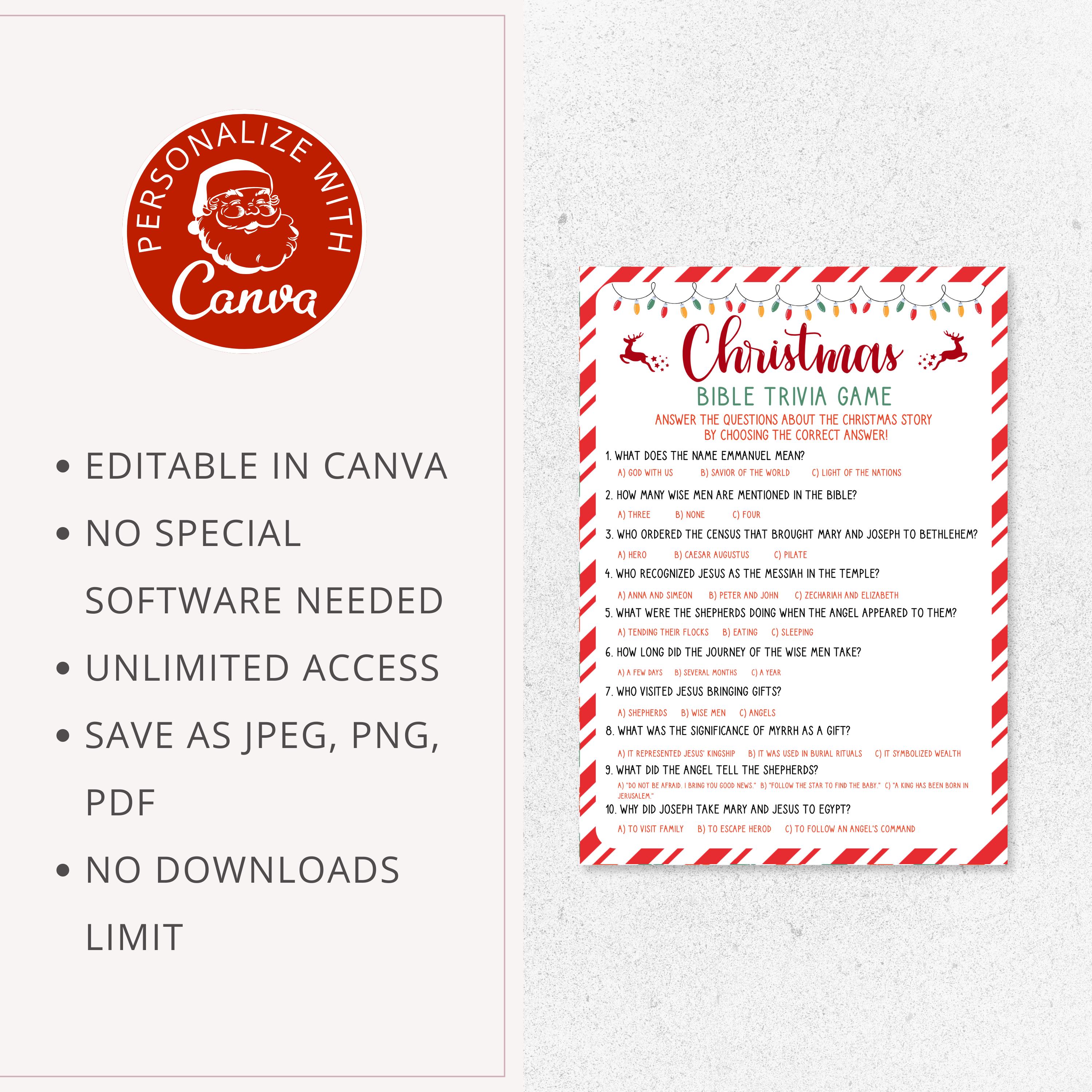 Christmas Bible Trivia Game | Editable Canva Template, Fun Holiday ...