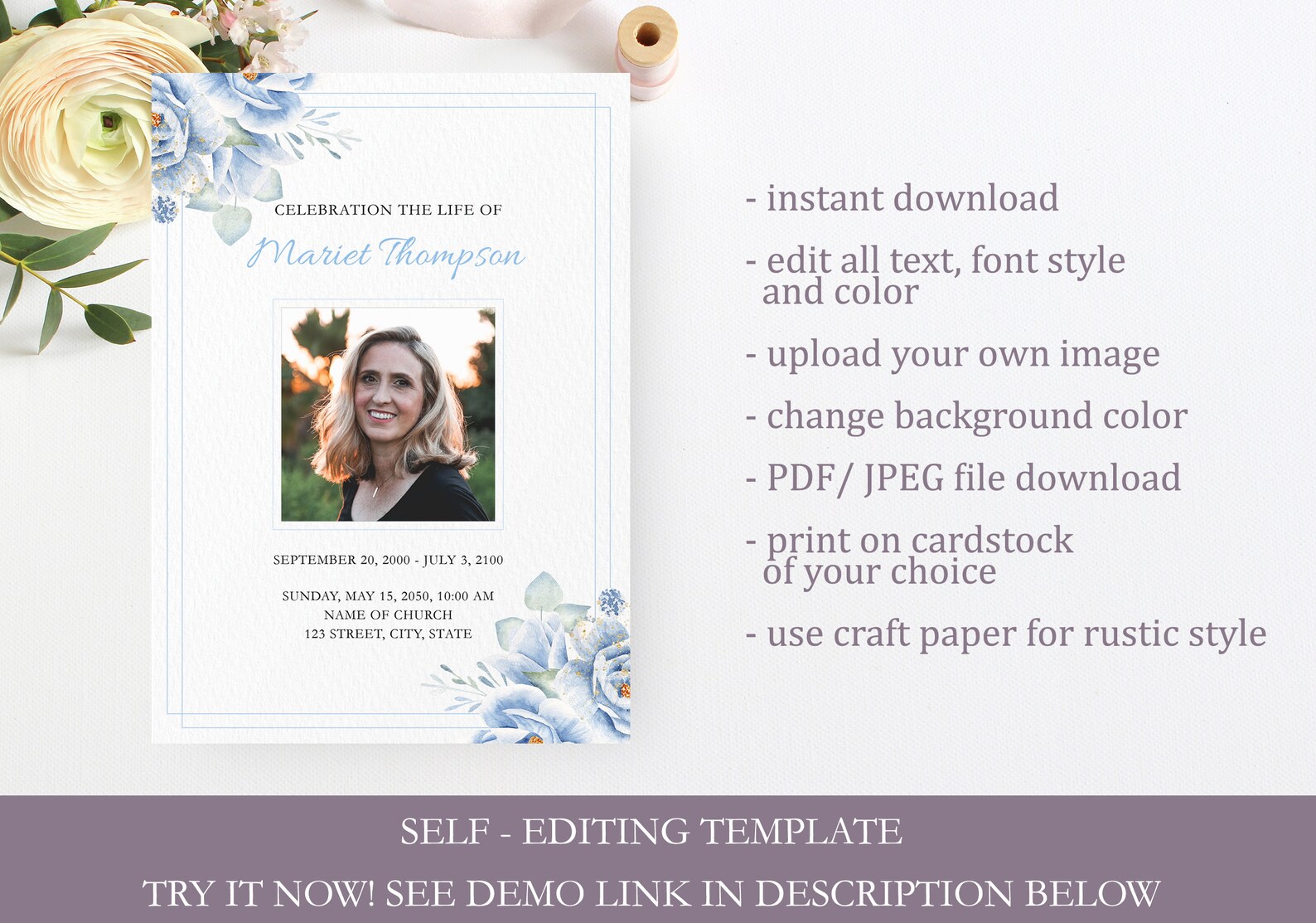 Floral Funeral Program Template Printable Celebration of Life | Etsy