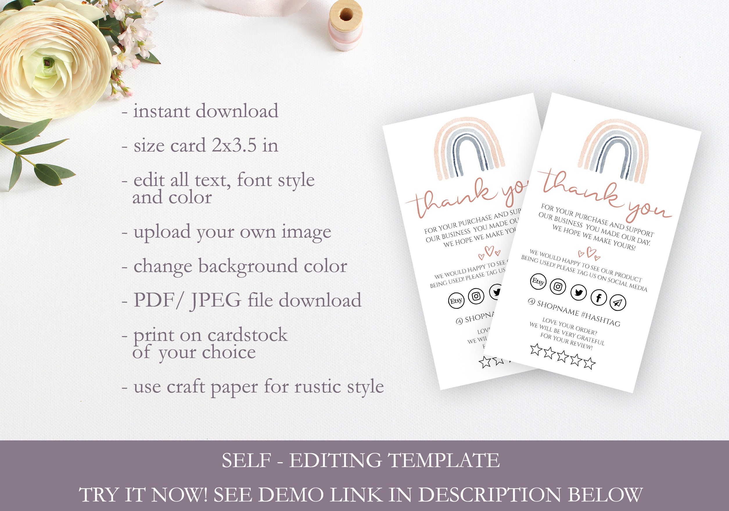 Watercolor Rainbow Thank You Card Template Editable Small | Etsy