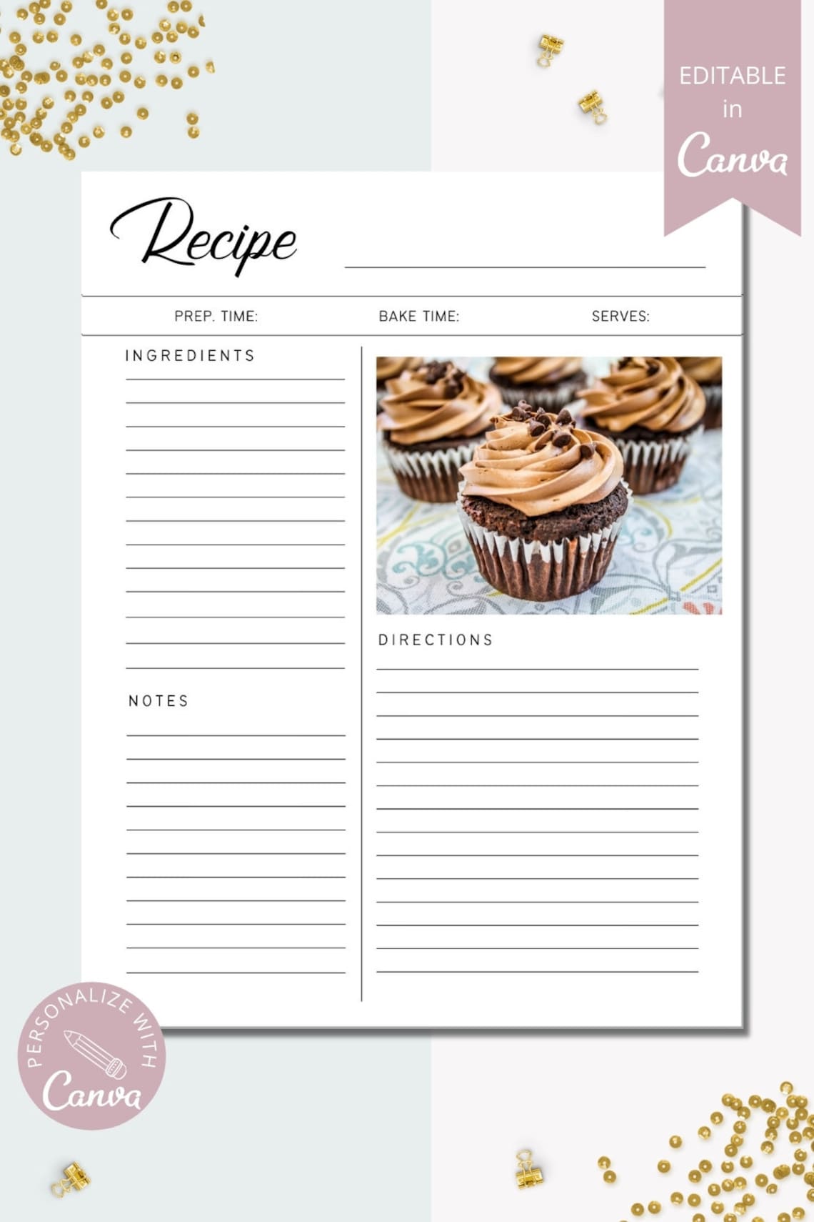 Recipe Template, Editable Recipe Page, 8.5x11 Custom Recipe Cards ...
