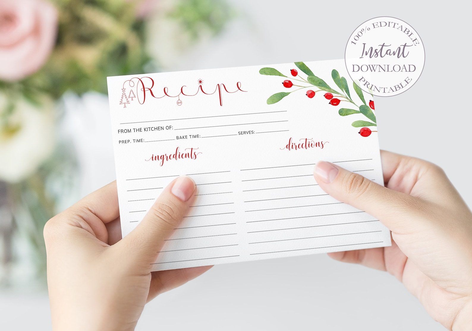 Christmas Recipe Cards Printable, Holiday Recipe Card Template, Xmas ...