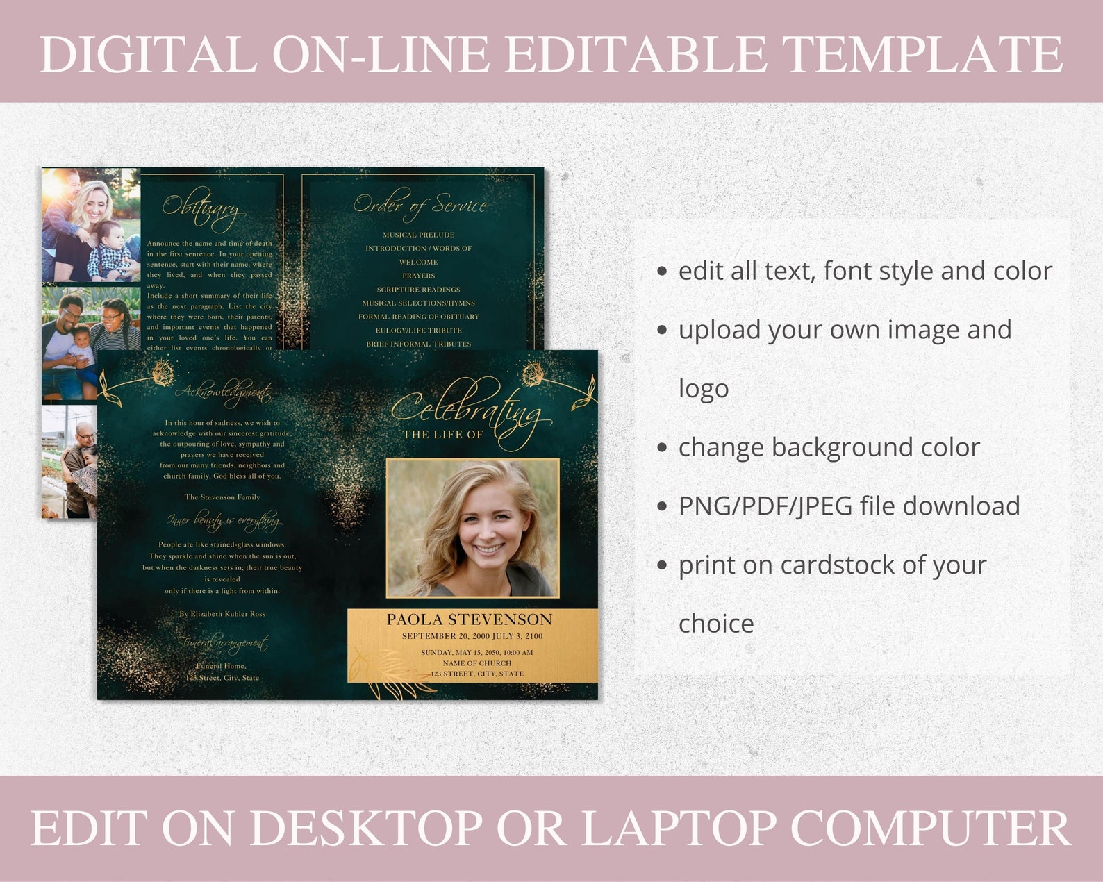 Green and Gold Funeral Program I Editable Canva Template I Printable Bi ...