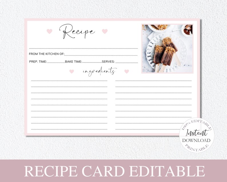 Pink Recipe Cards Printable 4x6 Recipe Card Template Custom - Etsy