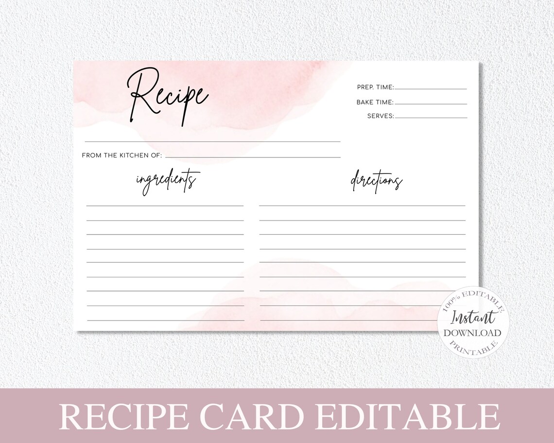 Pink Recipe Cards Editable Recipe Card Template 4x6 Recipe | Etsy
