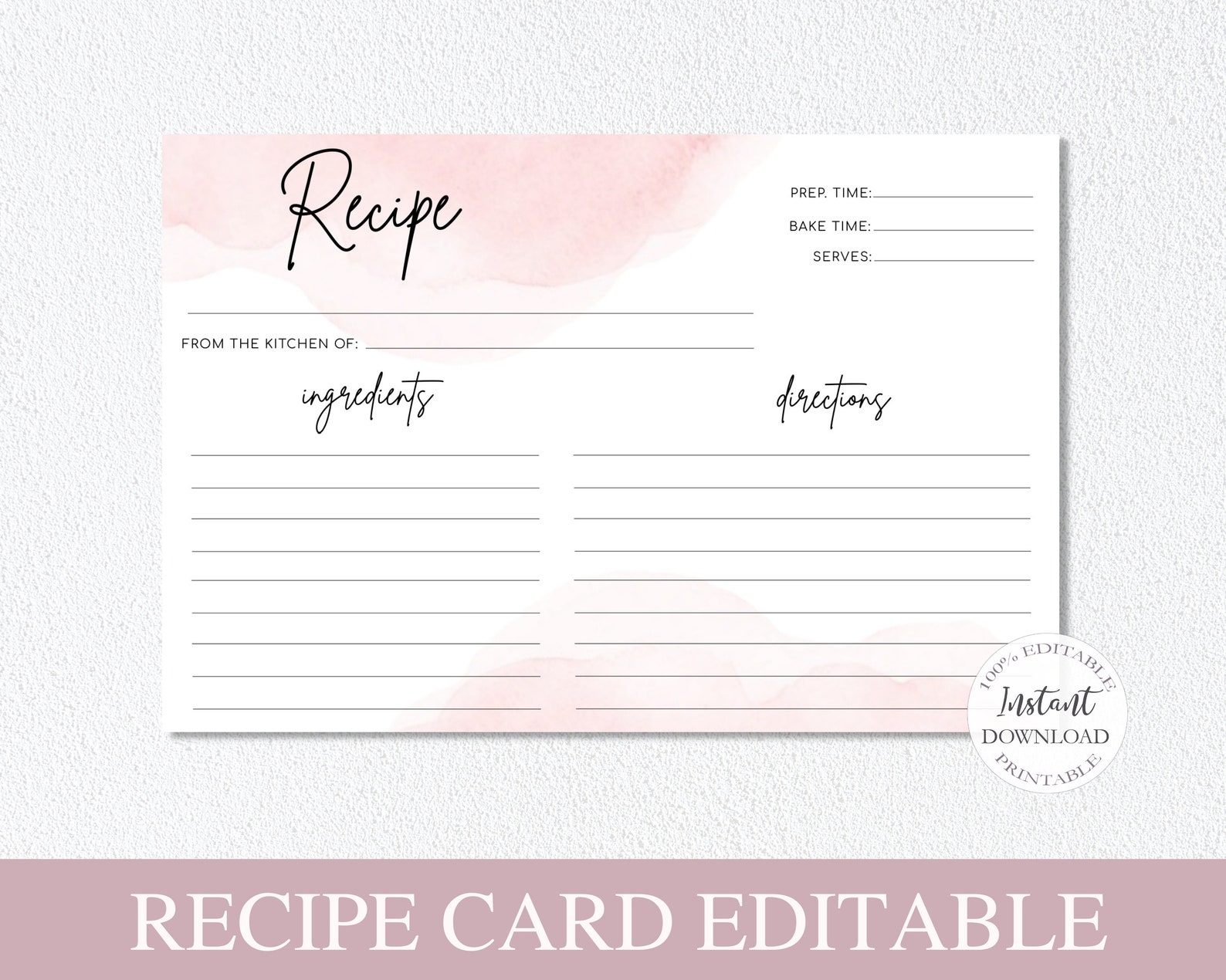 Pink Recipe Cards Editable Recipe Card Template 4x6 Recipe | Etsy