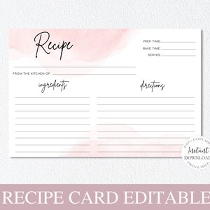 Pink Recipe Cards Editable, Recipe Card Template, 4x6 Recipe Cards ...