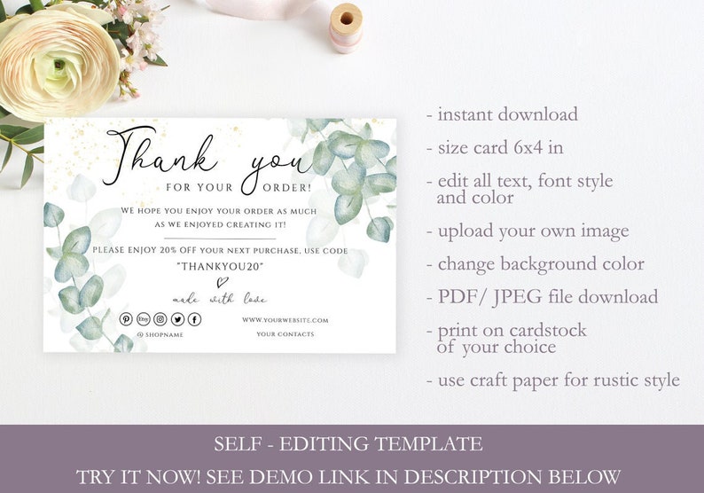 Eucalyptus Thank You Card Template Editable Watercolor Etsy | Etsy