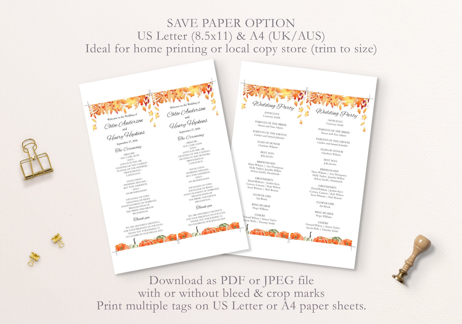 Fall Wedding Program Template Editable Autumn Program Fan - Etsy
