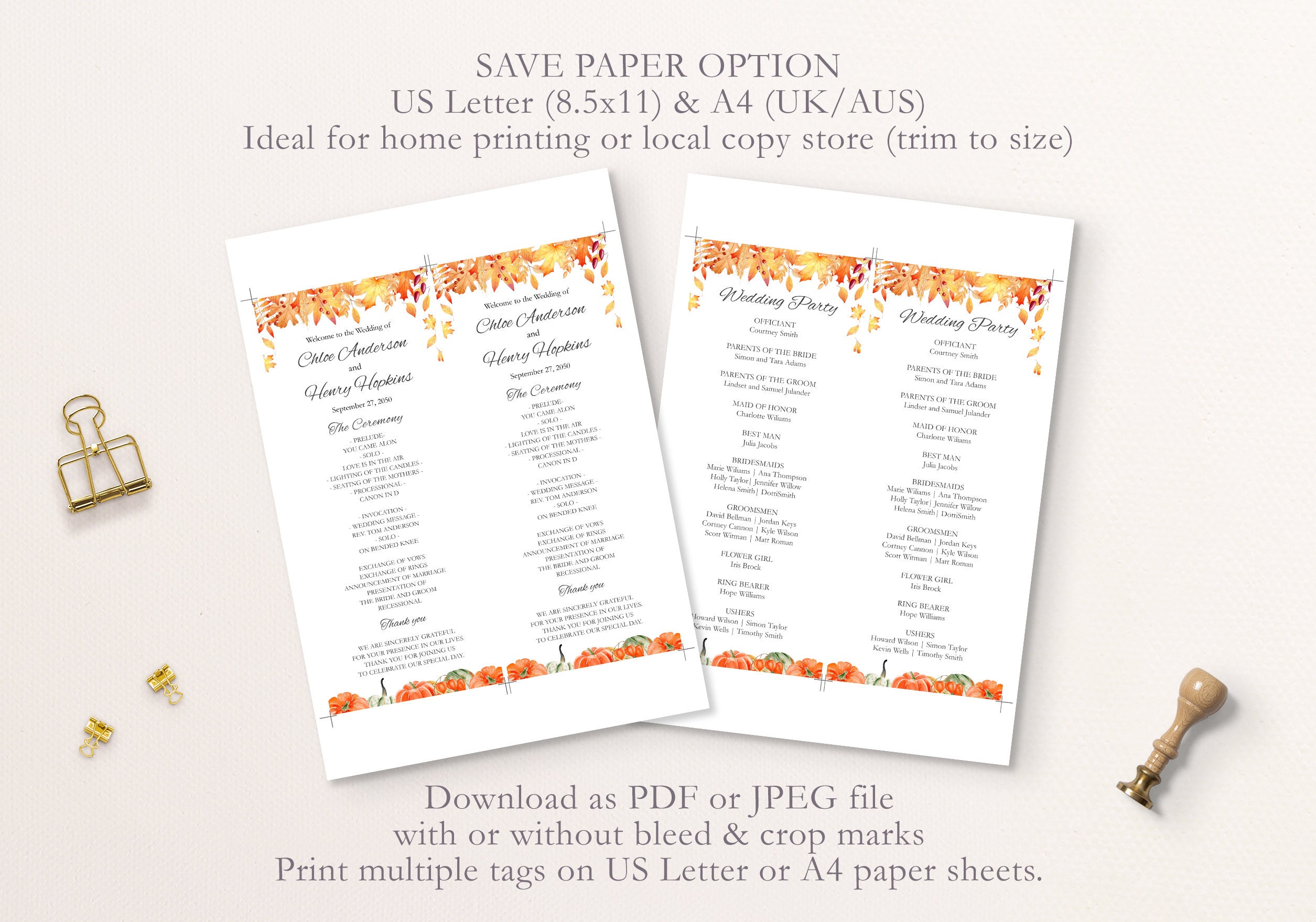 Fall Wedding Program Template Editable Autumn Program Fan - Etsy