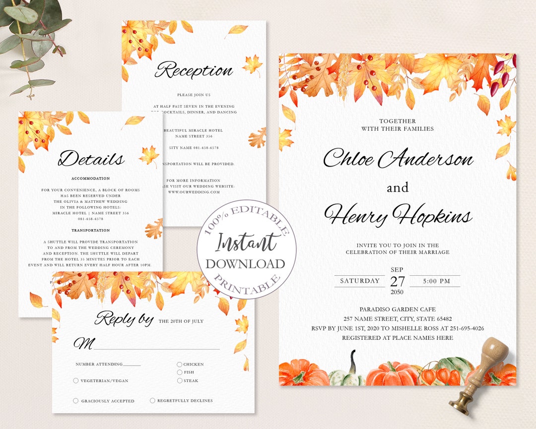 Fall Wedding Invitation Template Bundle Editable Fall Wedding - Etsy