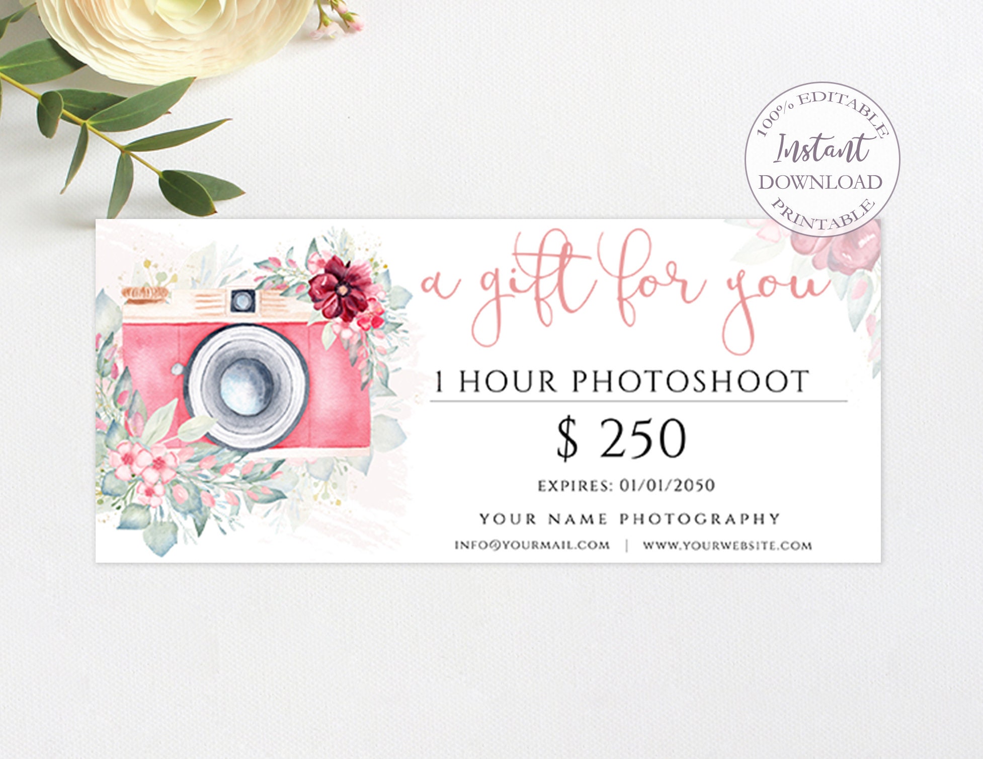 Photography Gift Card Printable Template Watercolor Floral | Etsy