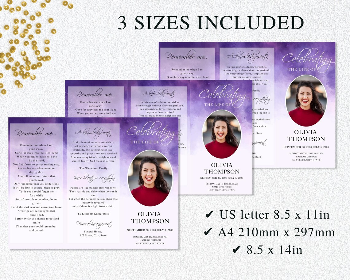 Purple Funeral Program Editable Trifold Funeral Program for - Etsy