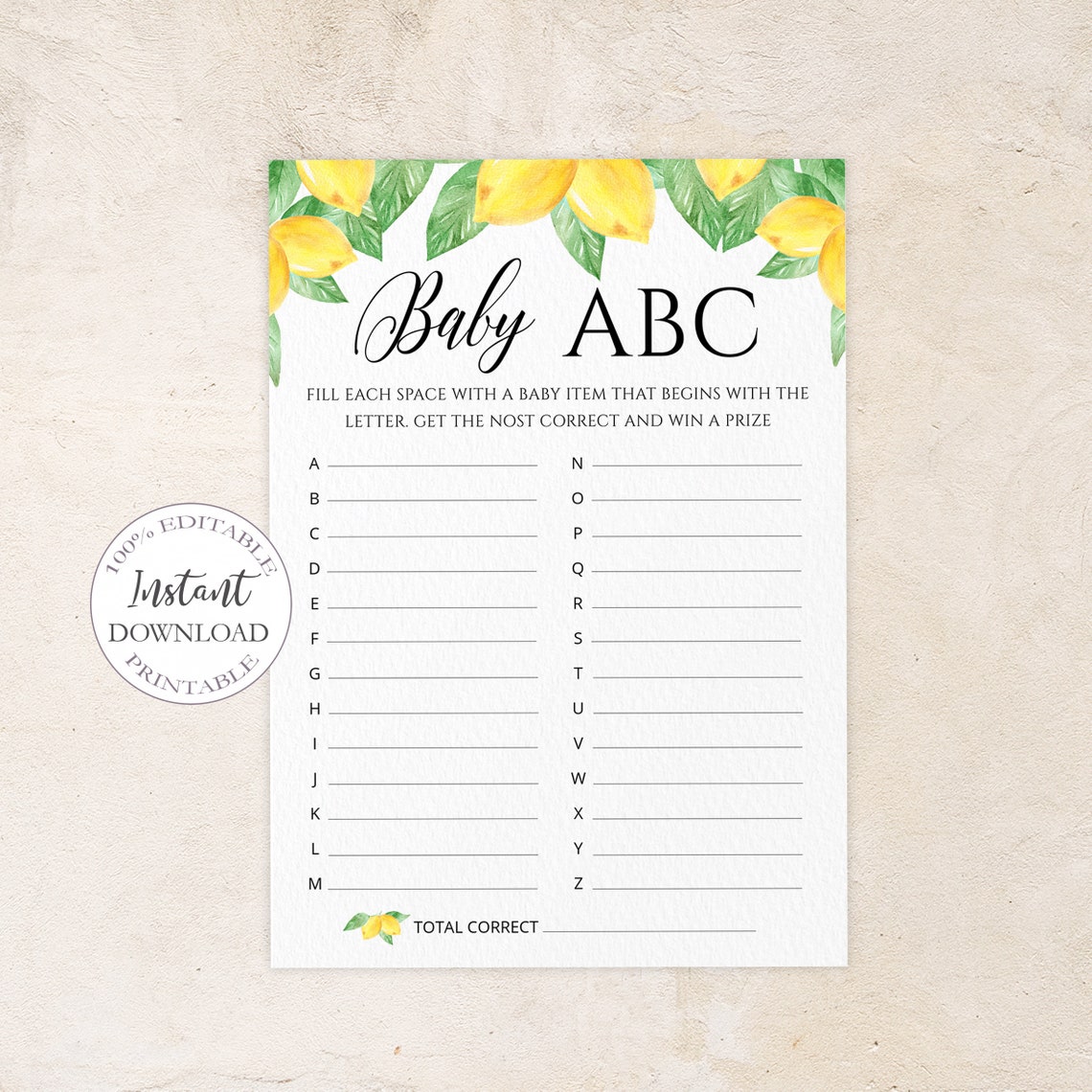 ABC Lemon Baby Shower Game Template Printable Rustic Game | Etsy