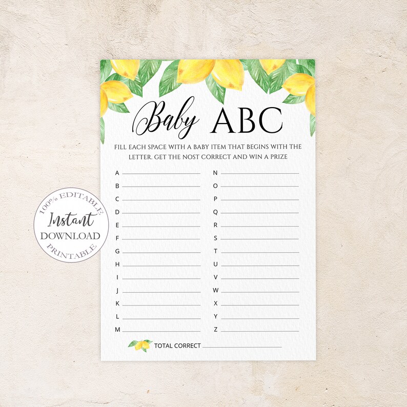 ABC Lemon Baby Shower Game Template Printable Rustic Game | Etsy