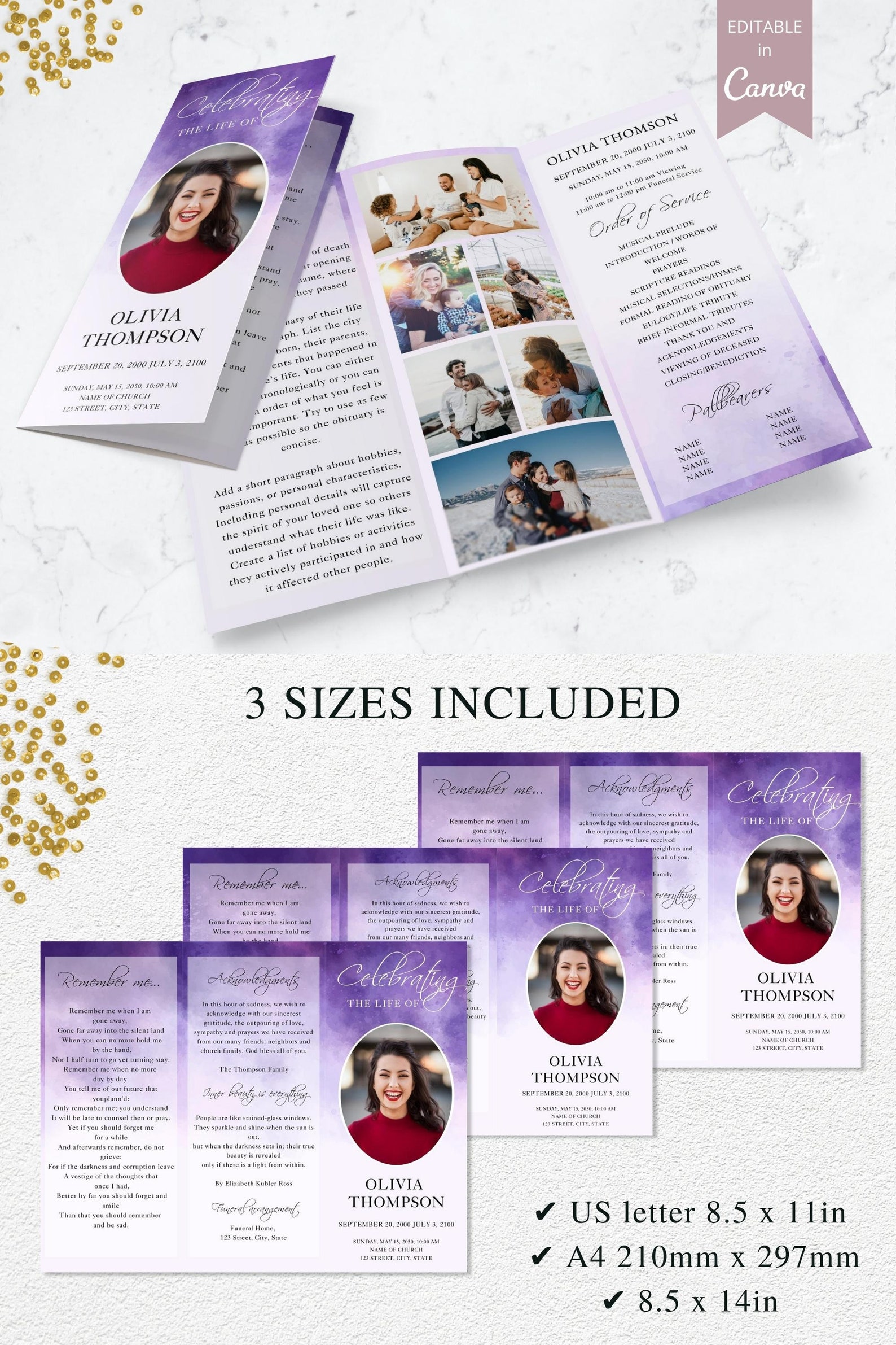 Purple Funeral Program Editable Trifold Funeral Program for - Etsy