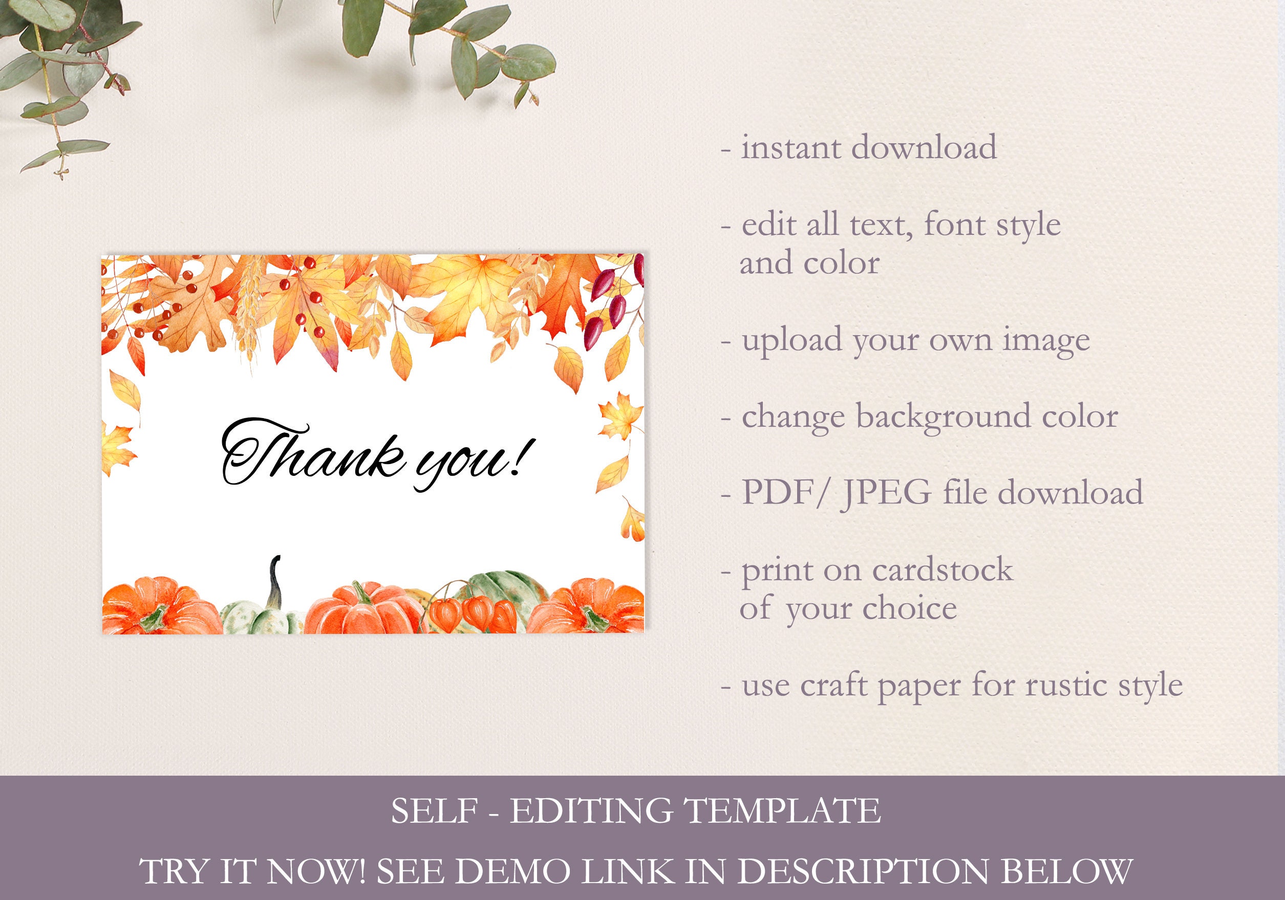 Fall Thank You Cards Template Fall Wedding Thank You Card | Etsy