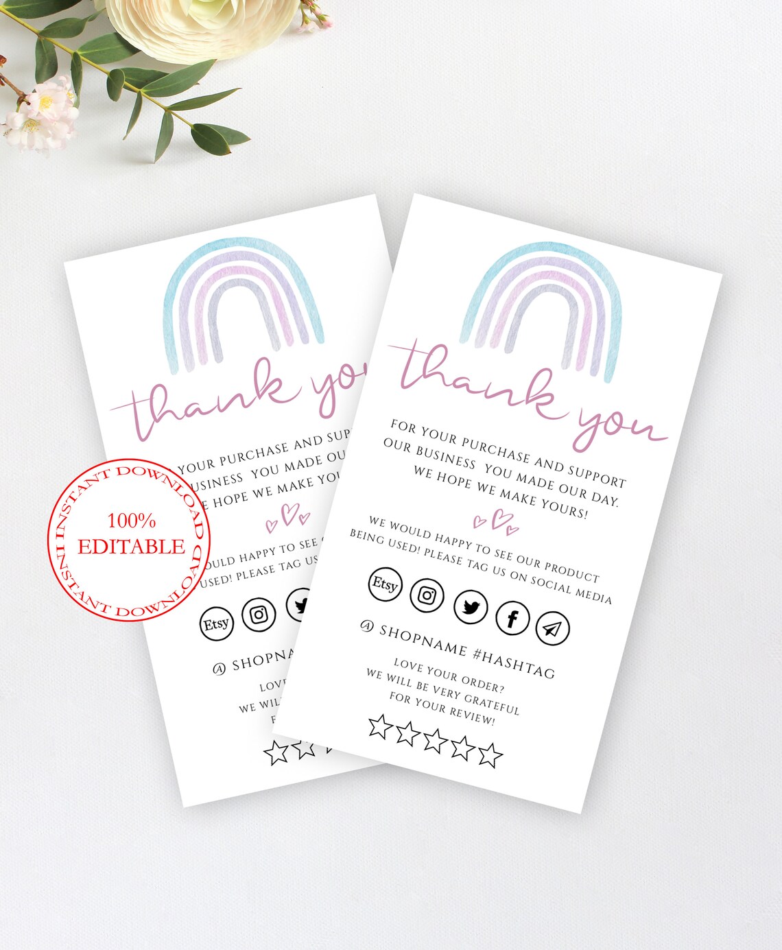 Rainbow Thank You Card Template Editable Seller Thank You - Etsy
