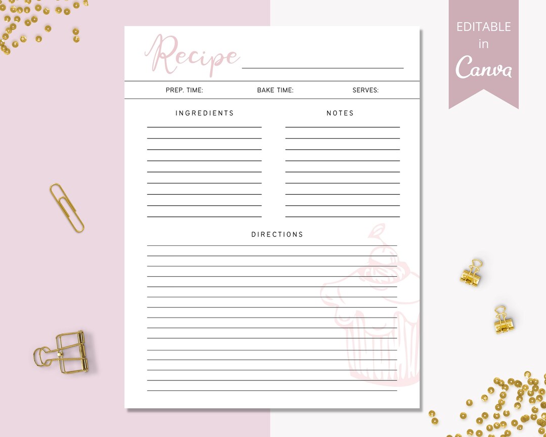 Recipe Card Template Editable, Family Recipe Printable, Custom Recipe ...