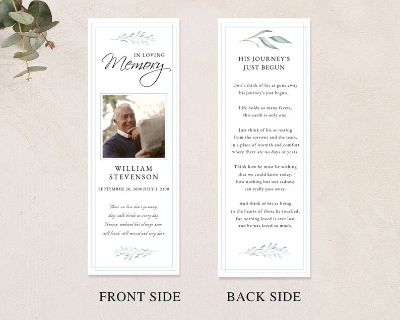 Greenery Funeral Bookmark Template, Memorial Keepsake, Digital Download ...