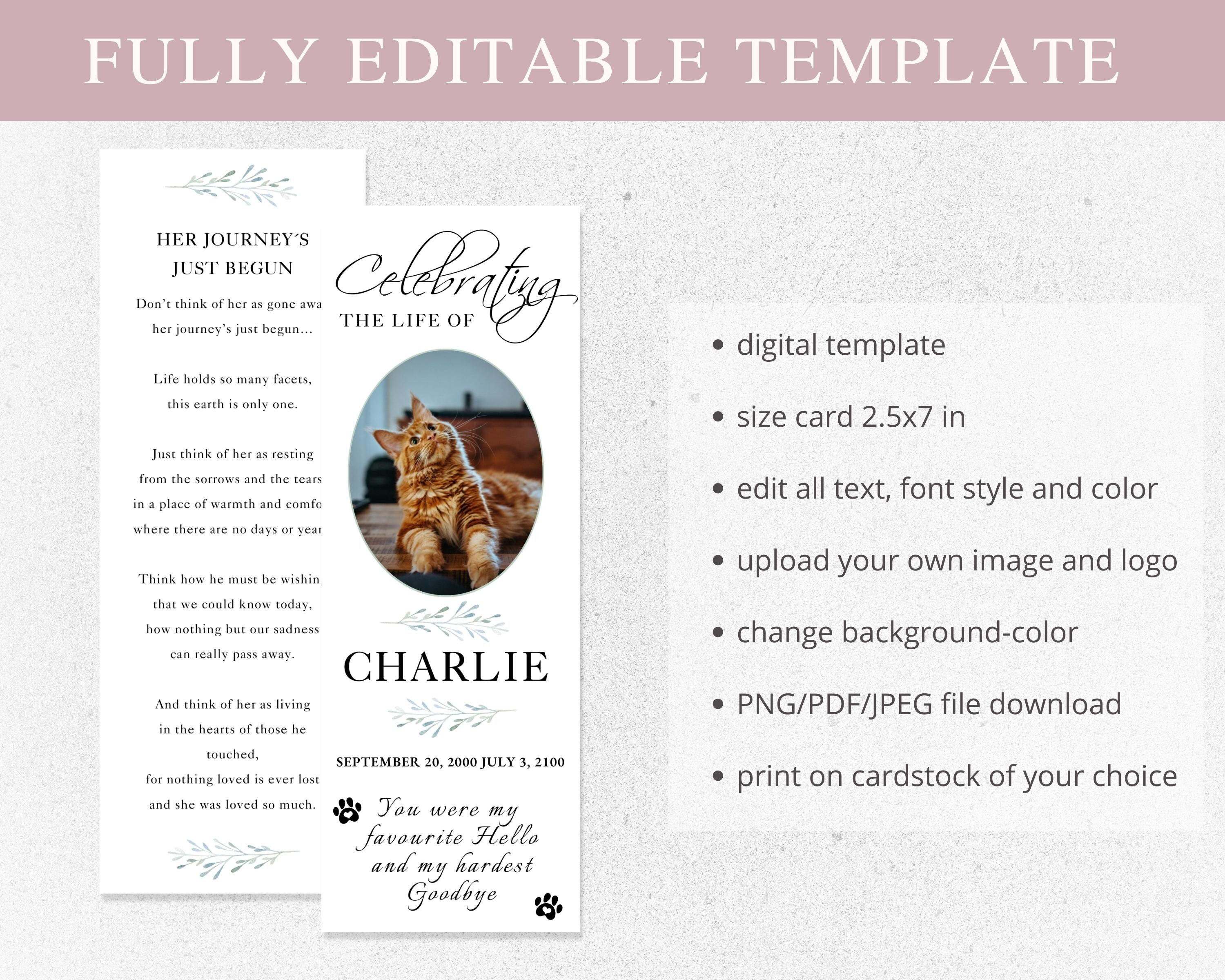 Cat Funeral Bookmark Template I Editable Canva Template I - Etsy
