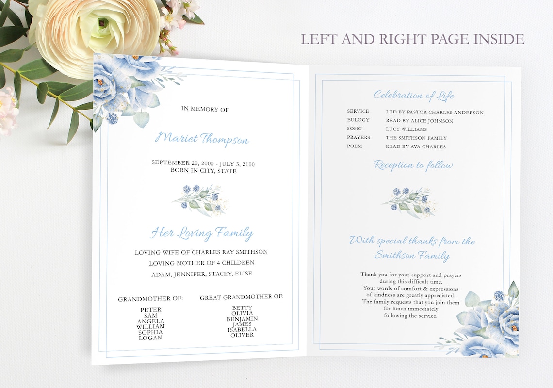 Floral Funeral Program Template Printable Celebration of Life | Etsy