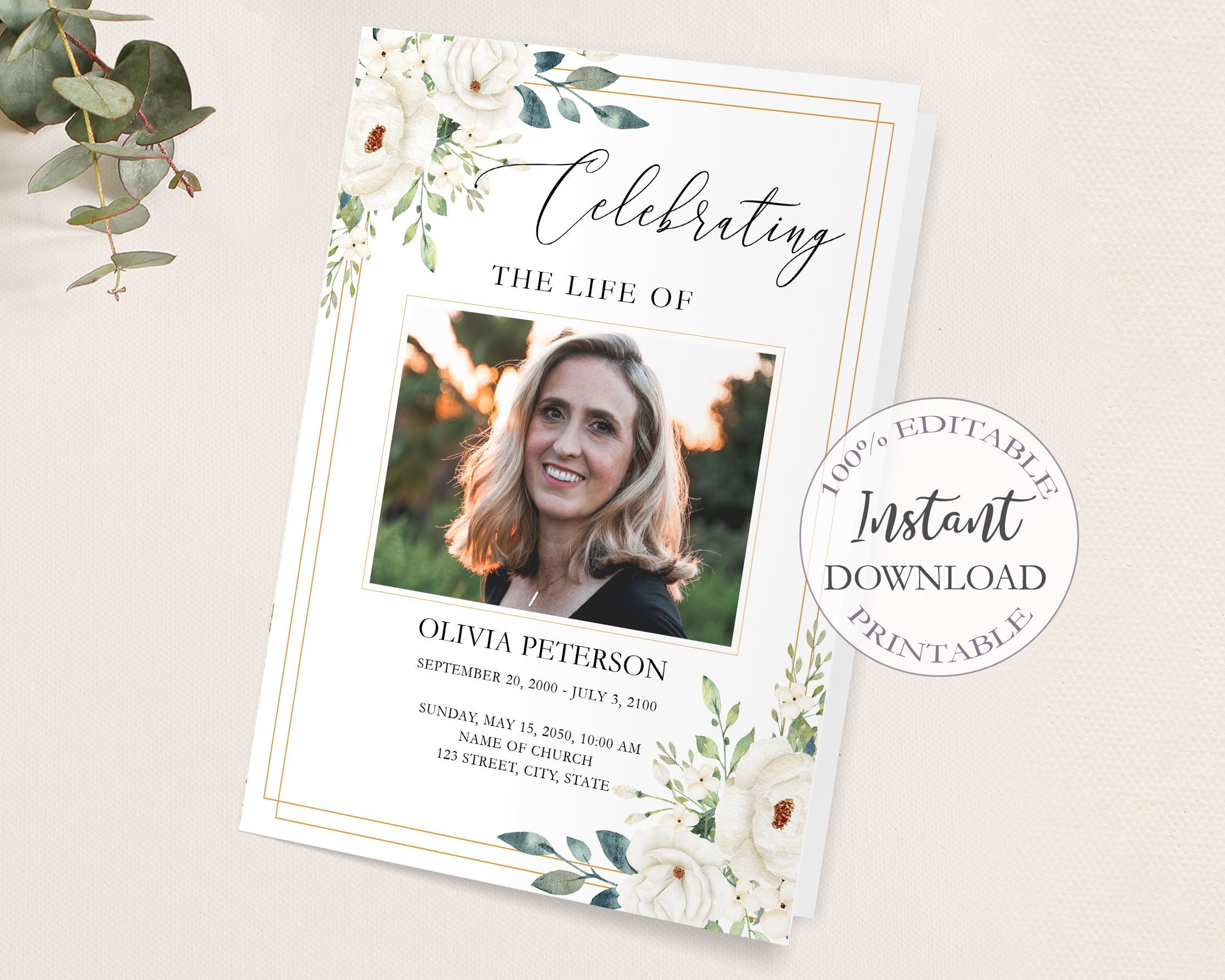 Floral Funeral Program Editable Funeral Card Printable White - Etsy