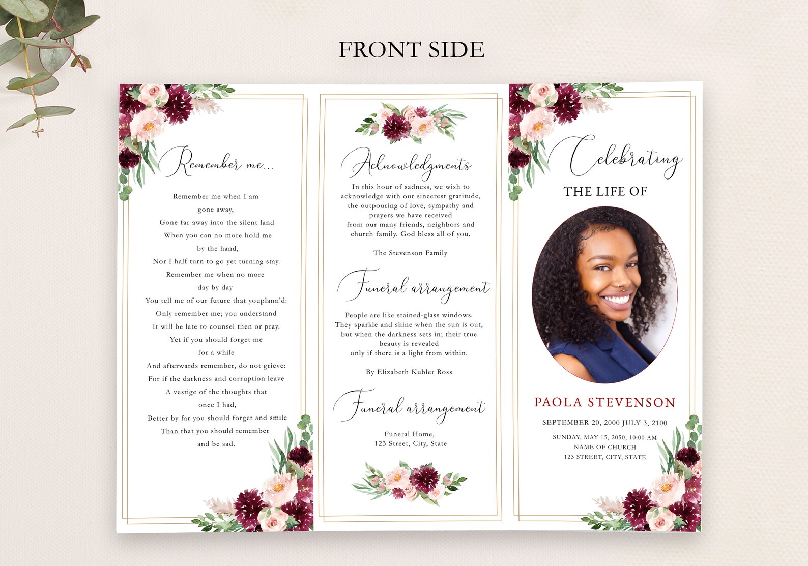 Trifold Funeral Program Template for Woman, Editable Loss of Mother ...