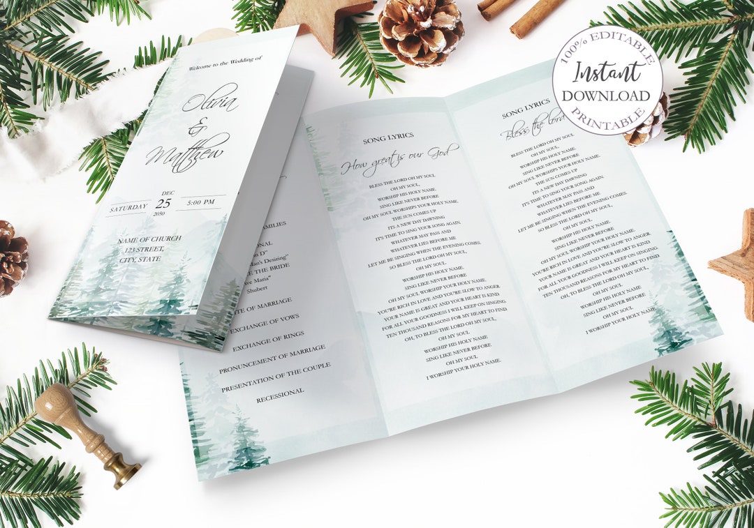 Winter Wedding Program Template, Editable Christmas Wedding Program, Printable Trifold Program ...
