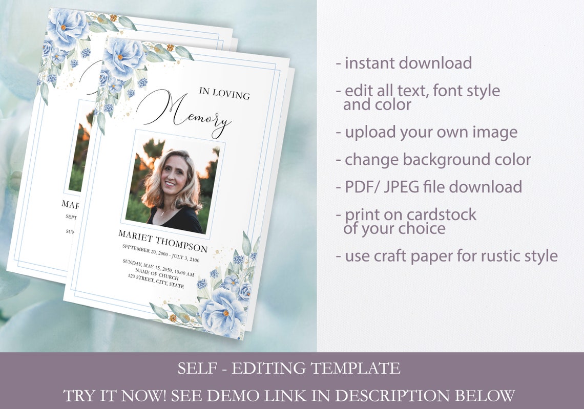Editable Funeral Program Blue Floral Memorial Service - Etsy Canada