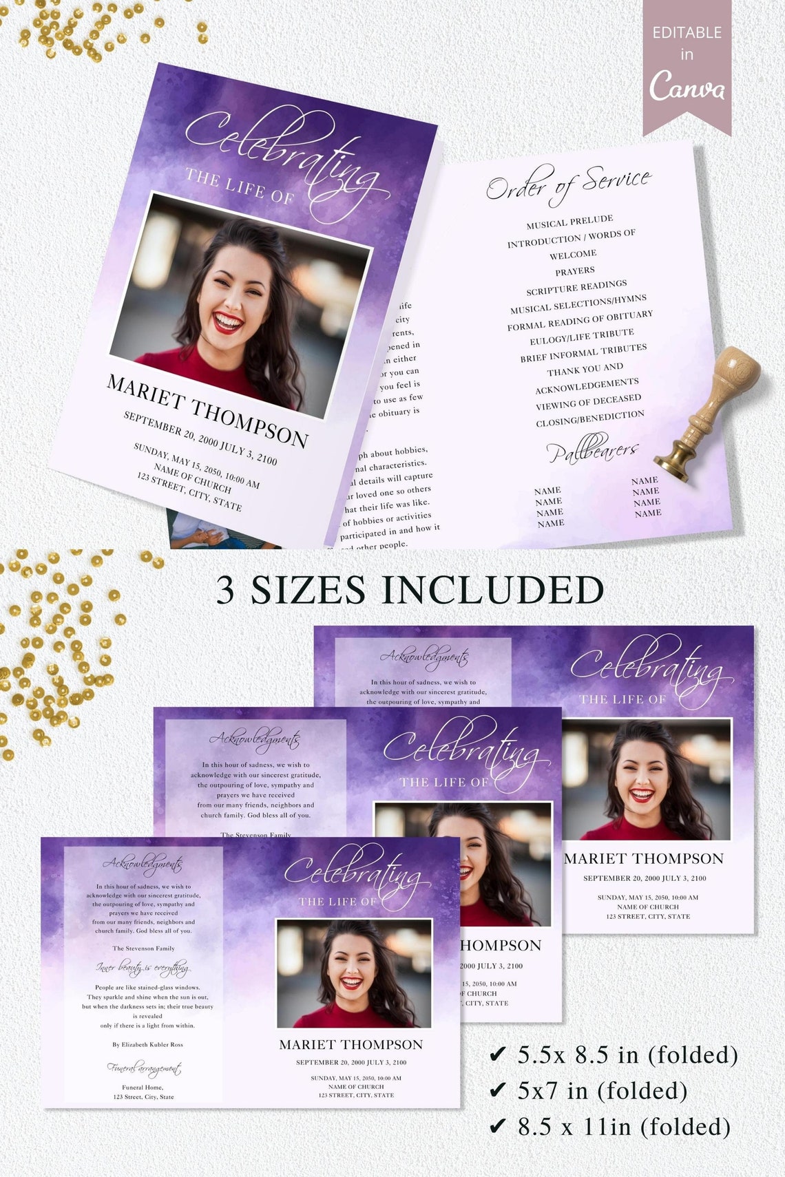 Purple Funeral Program Template, Canva Template Printable, Editable Bi ...