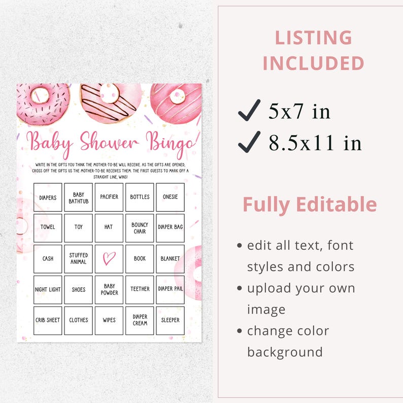 Donut Baby Shower Bingo Canva Template | 50 Fun Baby Shower Game for ...