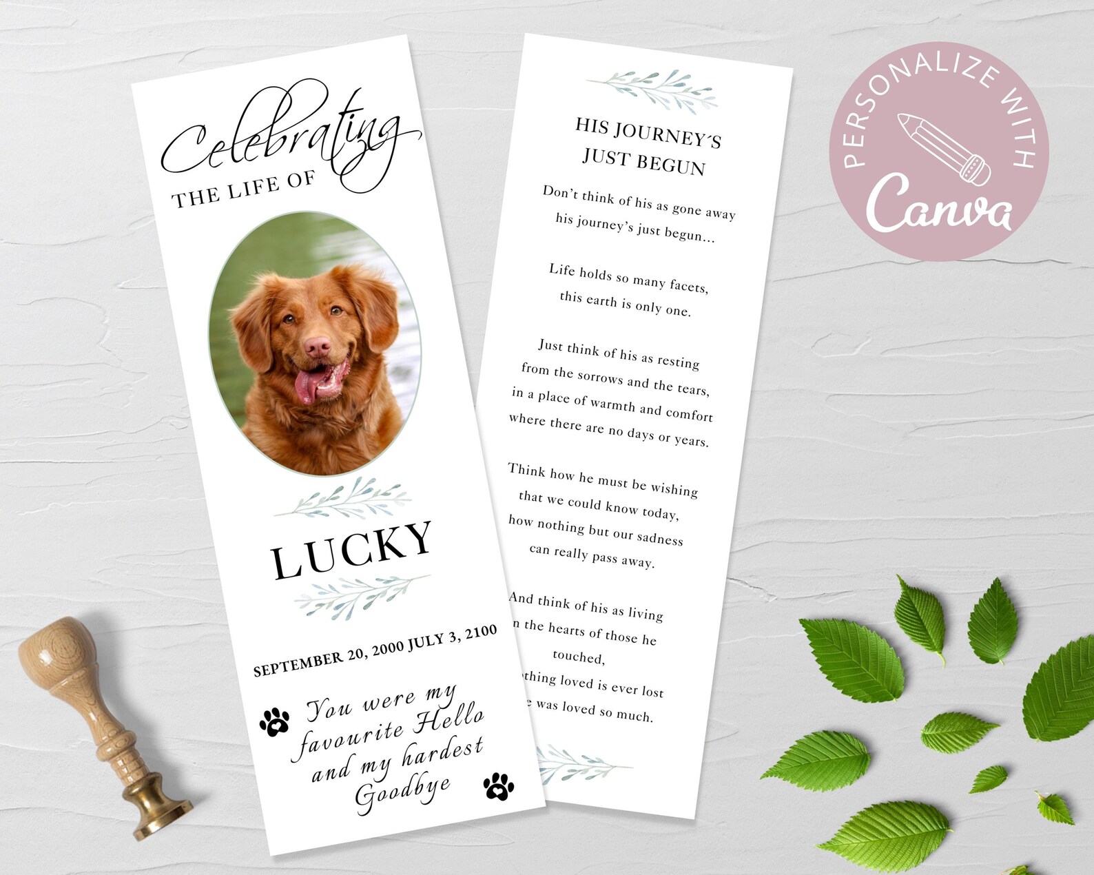 Dog Funeral Bookmark Template I Editable Canva Template I - Etsy