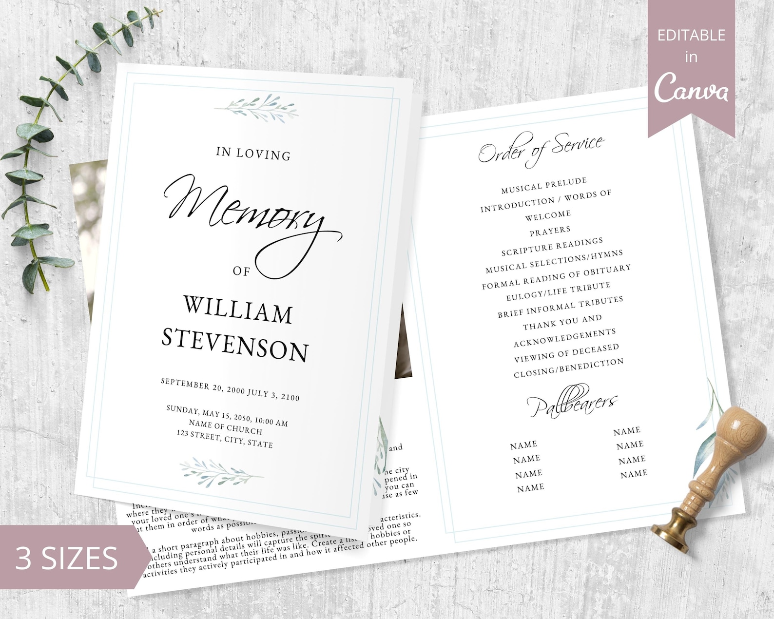 Editable Funeral Program I Editable Canva Template I Memorial Service I ...