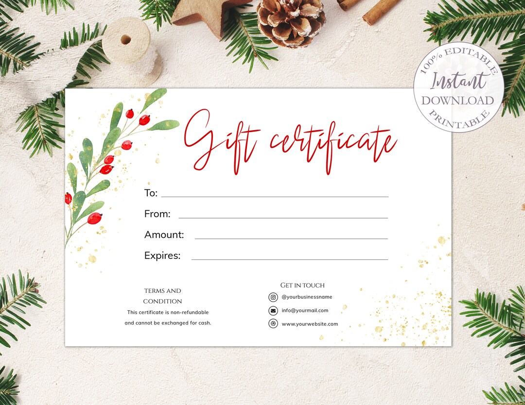 Gift Certificate Printable, Christmas Electronic Gift Card ...