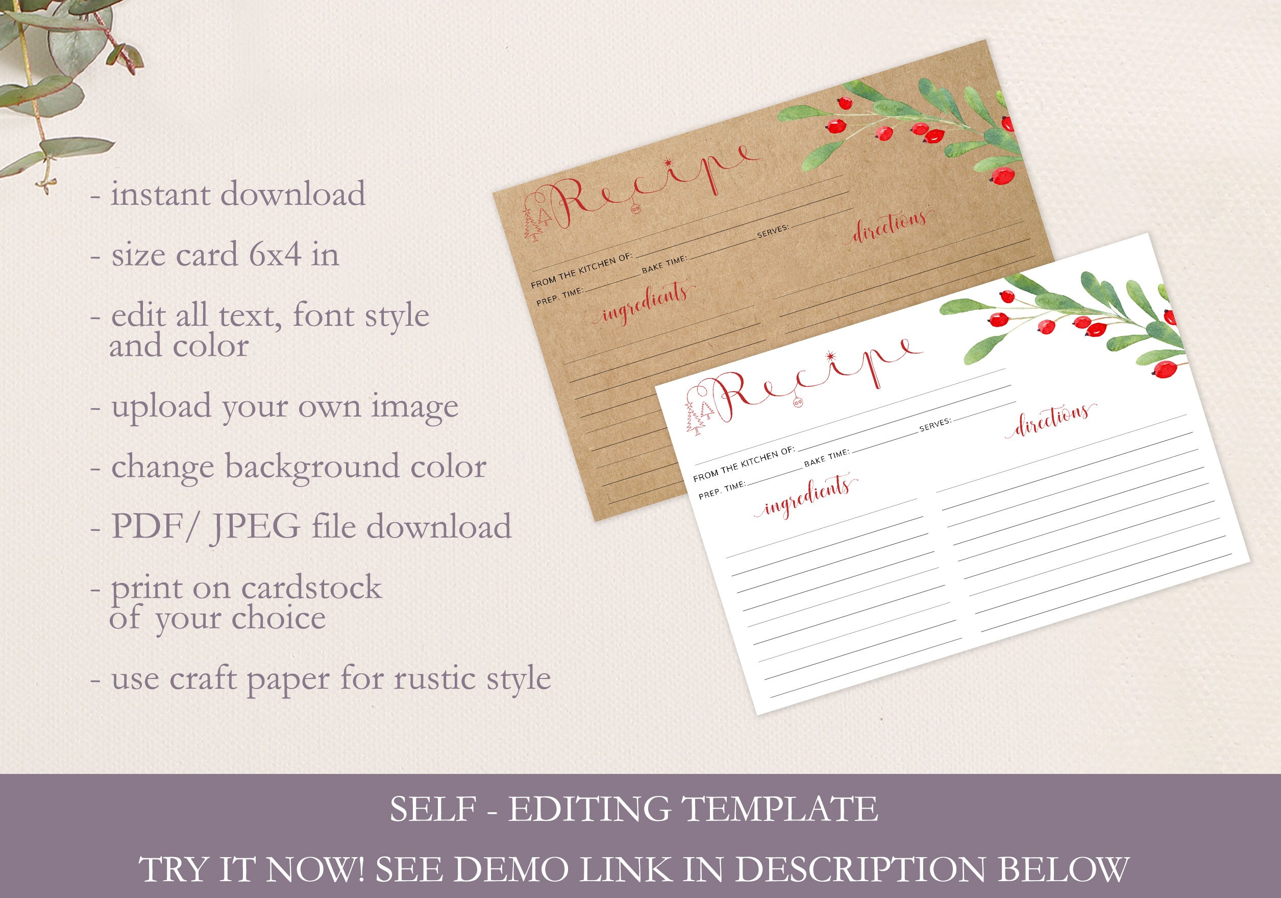 Christmas Recipe Cards Printable Holiday Recipe Card | Etsy