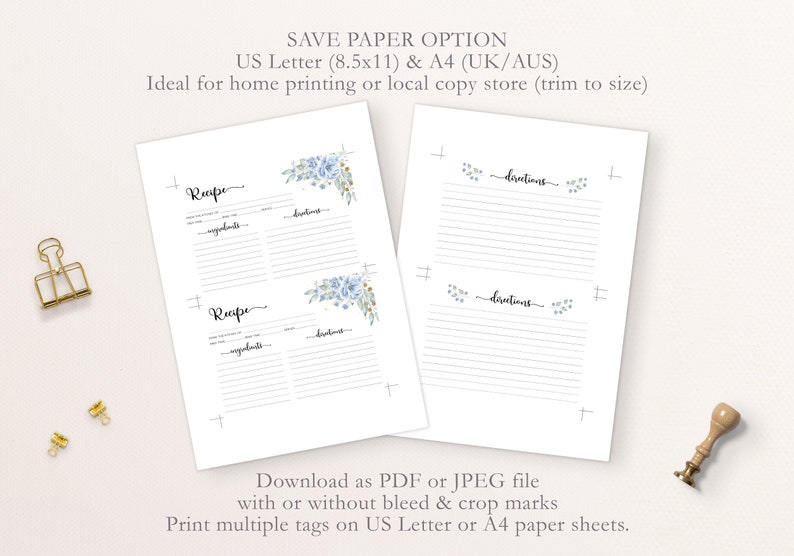Recipe Cards Printable Blue Floral Recipe Card Template - Etsy