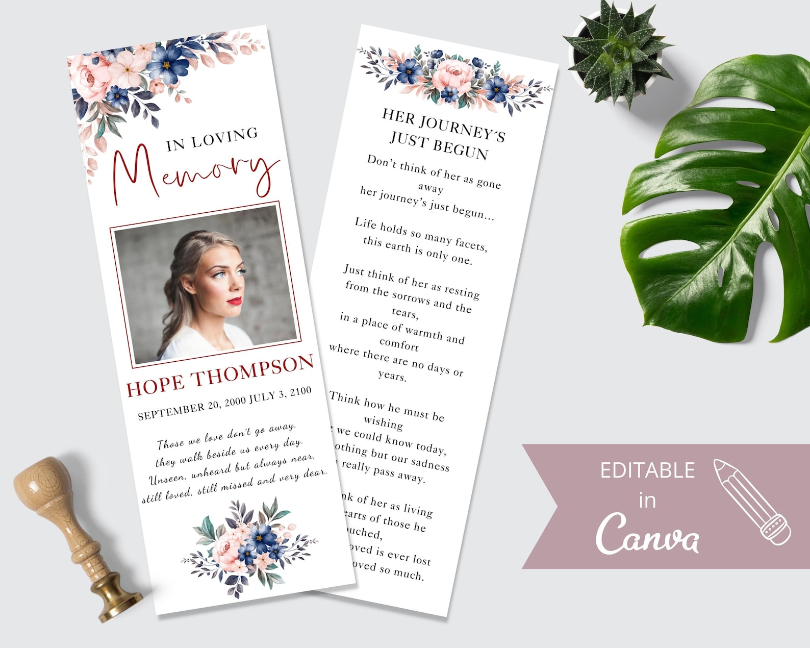 Funeral Obituary Bookmark Template Loss of Loved One - Etsy