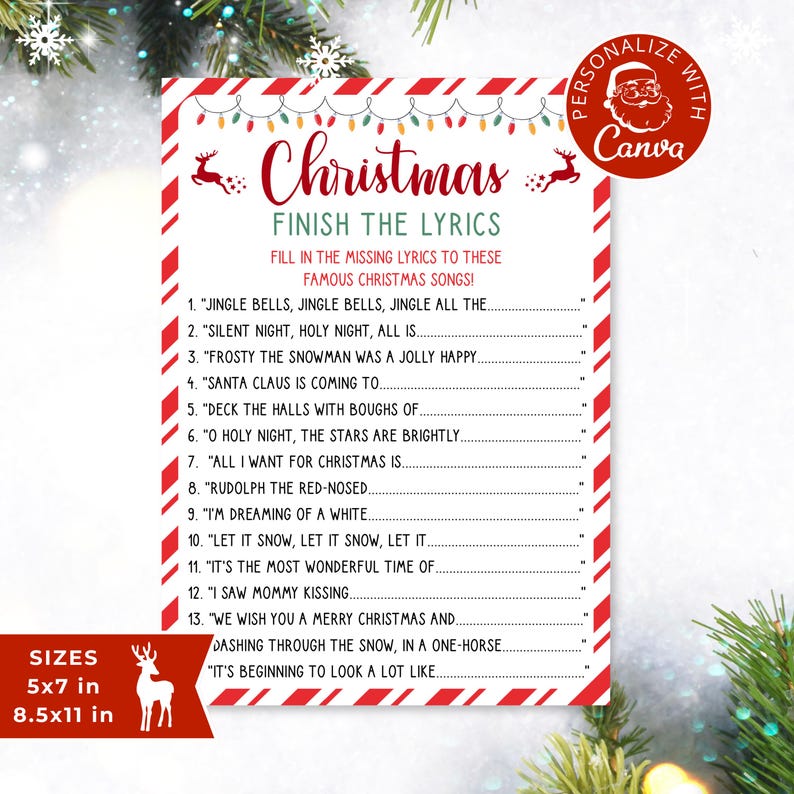 Editable Christmas Lyric Game | Finish the Phrase Holiday Party Game ...
