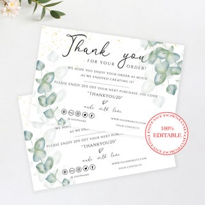 Eucalyptus Thank You Card Template, Editable Watercolor Etsy Promo Card ...