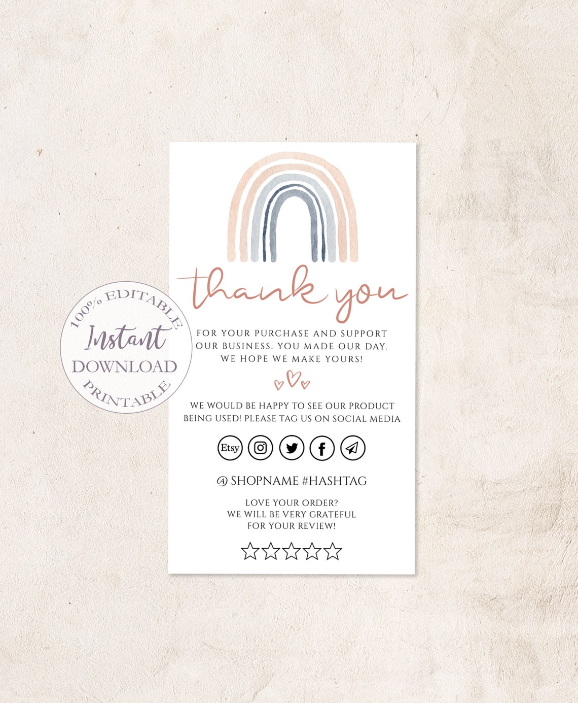 Watercolor Rainbow Thank You Card Template Editable Small - Etsy