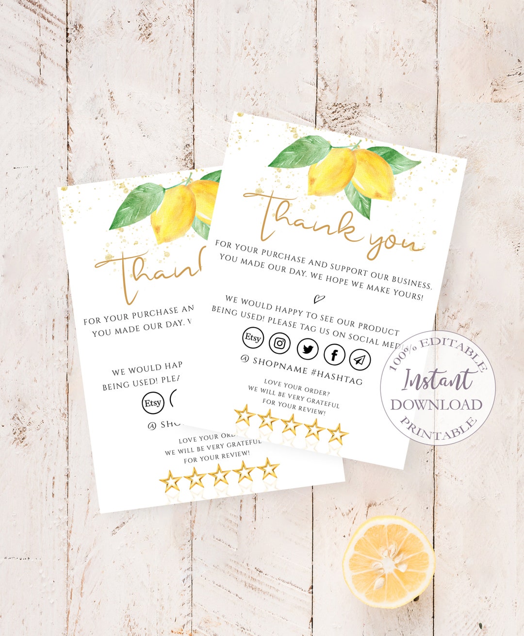 Lemon Thank You Card Template, Editable Small Business Order Insert ...