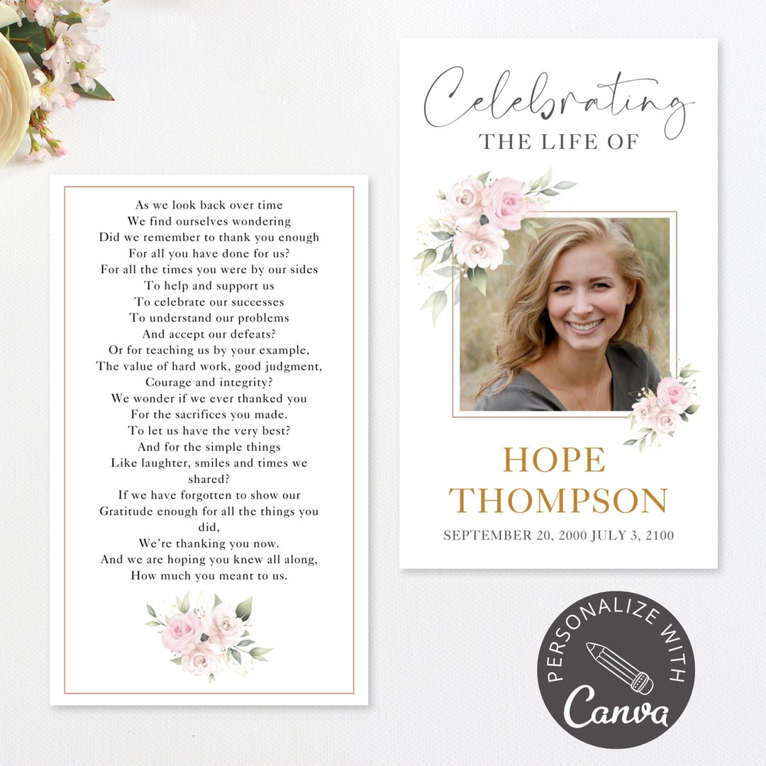Editable Prayer Card Canva Template | Funeral Card for Celebration of ...